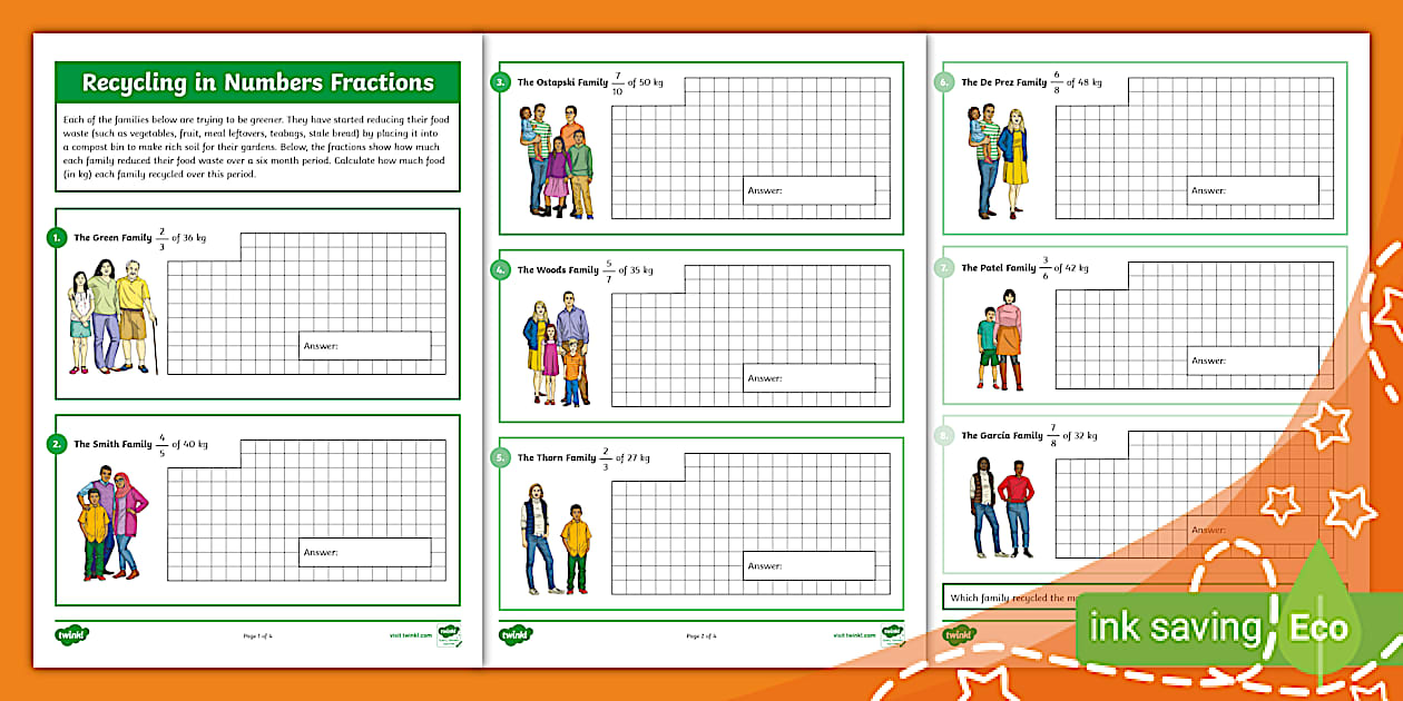 Recycling in Numbers: Fractions Worksheet - Twinkl