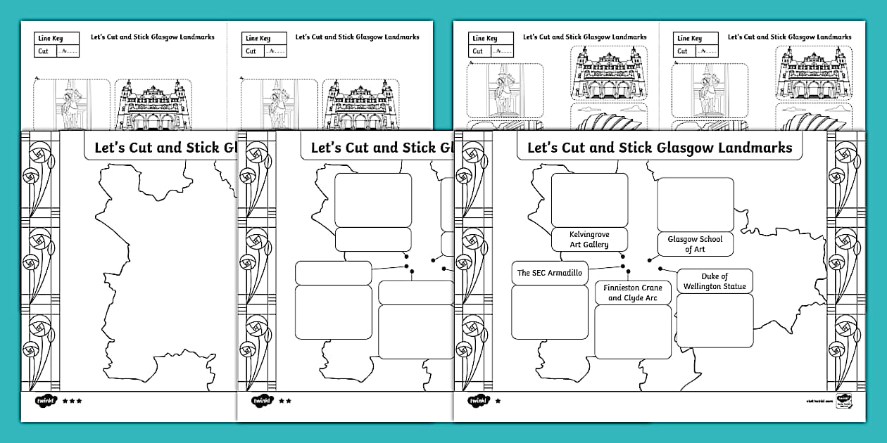 Let's Cut and Stick Glasgow Landmarks Colouring Page
