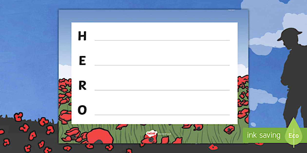 Black and White Remembrance Day Hero Acrostic Poem - Twinkl