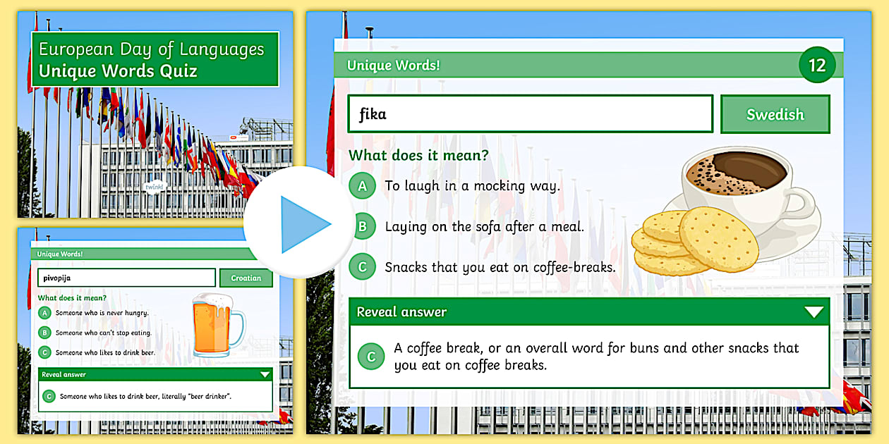 European Day of Languages: Unique Words Multiple Choice Quiz PowerPoint