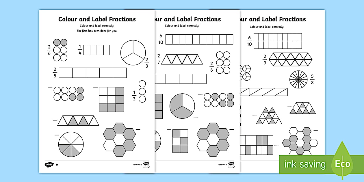 Colour and Label Fractions Worksheet (teacher made) - Twinkl