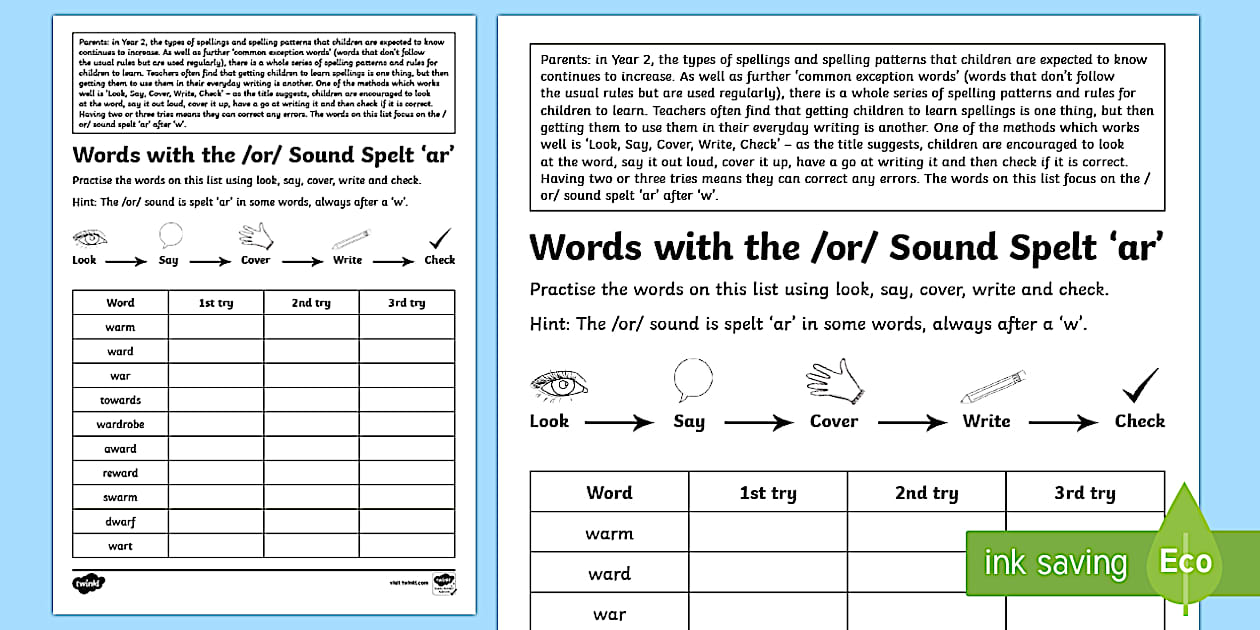 Year 2 Spelling Practice /or/ Sound Spelt 'ar' Ages 6 - 7