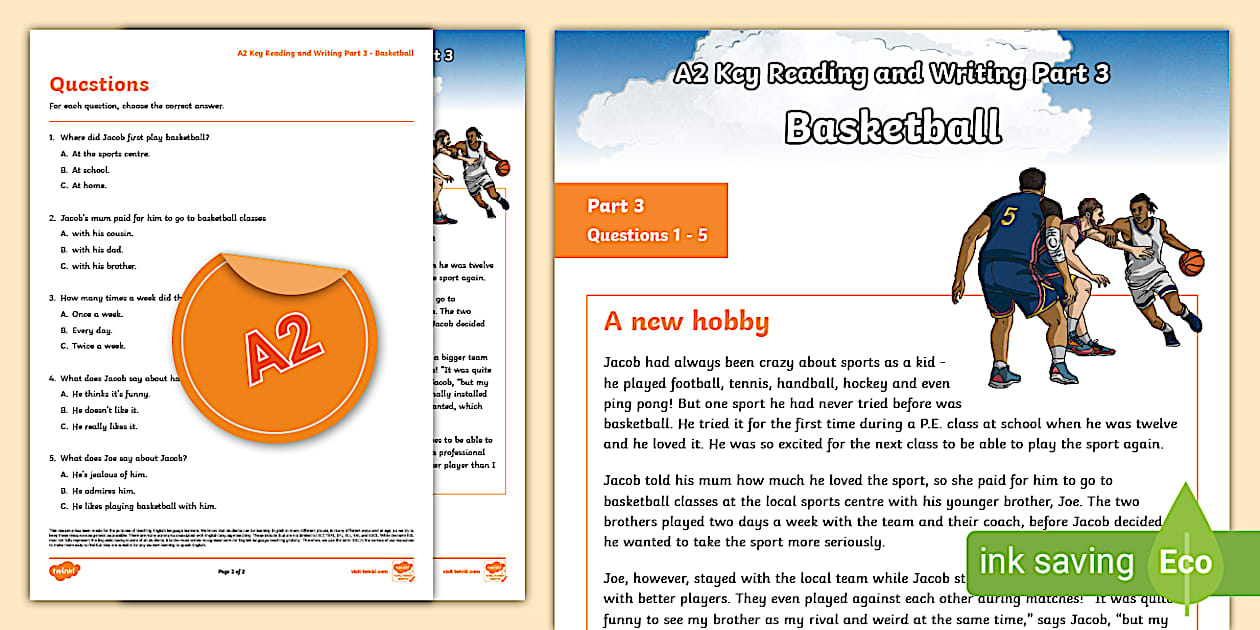ESL A2 Key Reading and Writing Part 3 Worksheet (Basketball)
