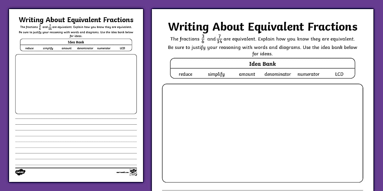 Writing About Equivalent Fractions Worksheet - Twinkl