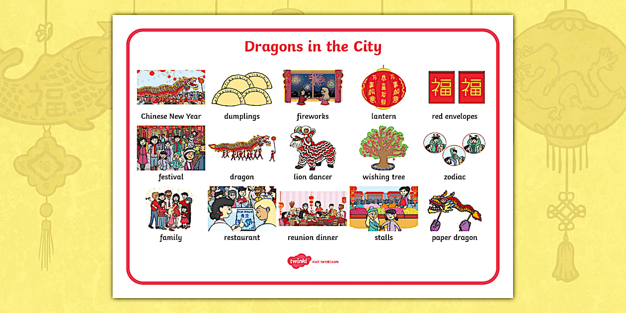 Dragons in the City: Chinese New Year Word Mat - Twinkl