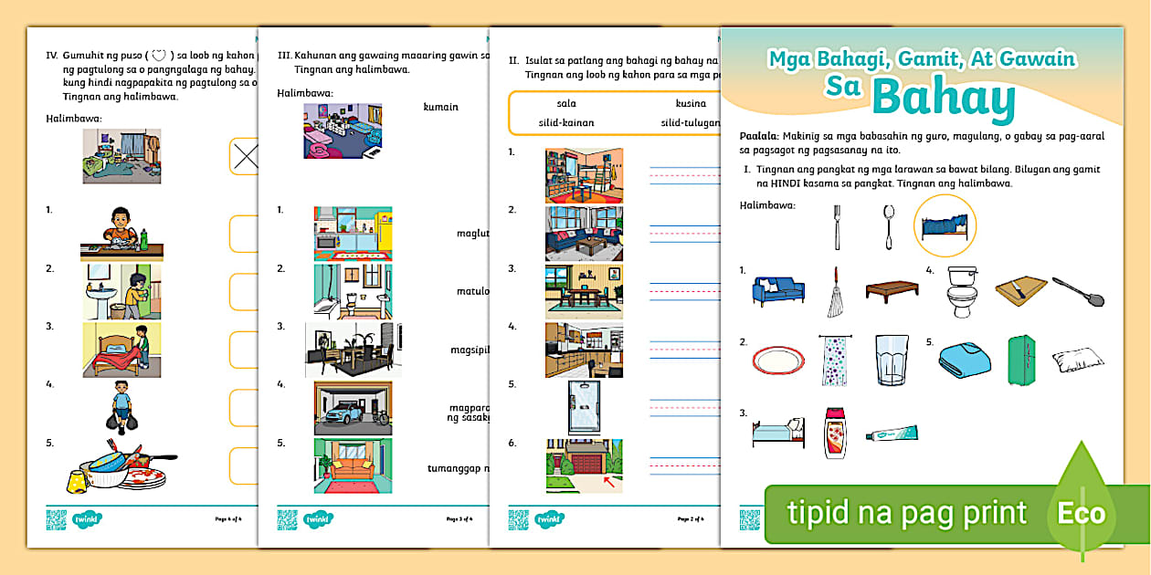 Mga Bahagi, Gamit, At Gawain Sa Bahay: Sipi Ng Pagsasanay | Kinder | Twinkl