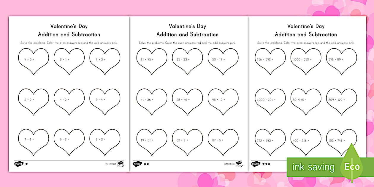 Valentine's Day Addition and Subtraction Worksheets | Twinkl