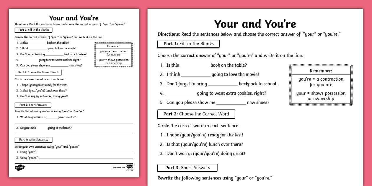Third Grade Your and You're Worksheet - Twinkl
