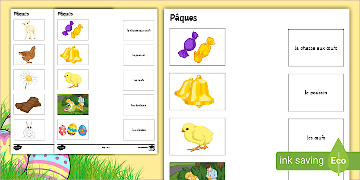Black and White Pâques - Easter Word and Picture Matching Worksheet French