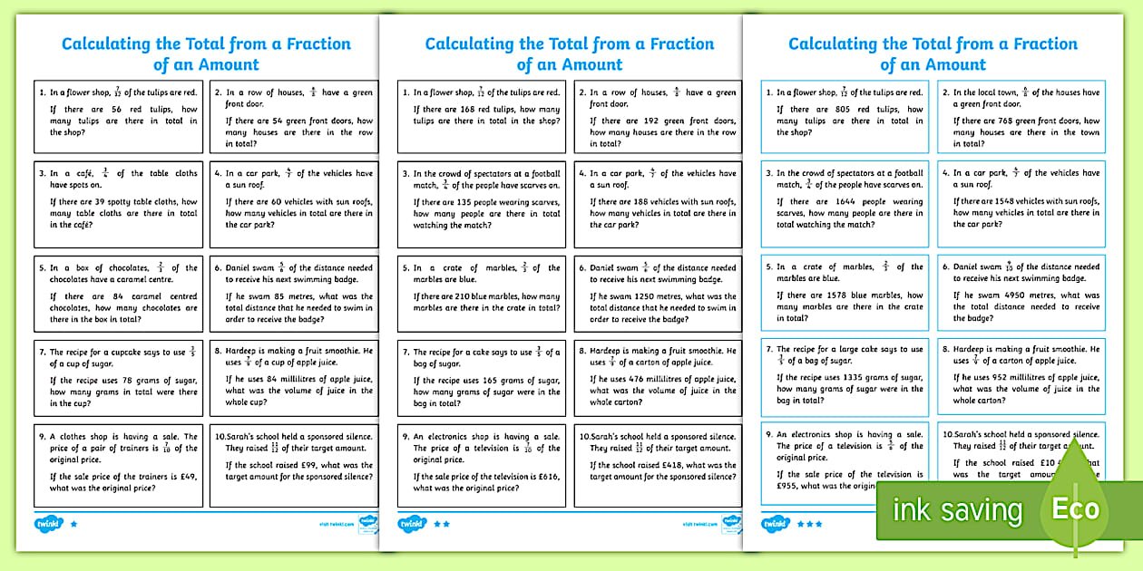 Total from Fractions of Amounts Questions (Differentiated)