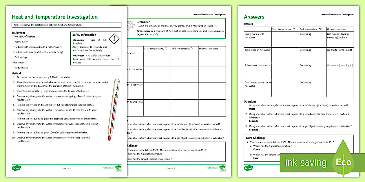 Heat and Temperature Investigation Instruction Sheet Print-Out