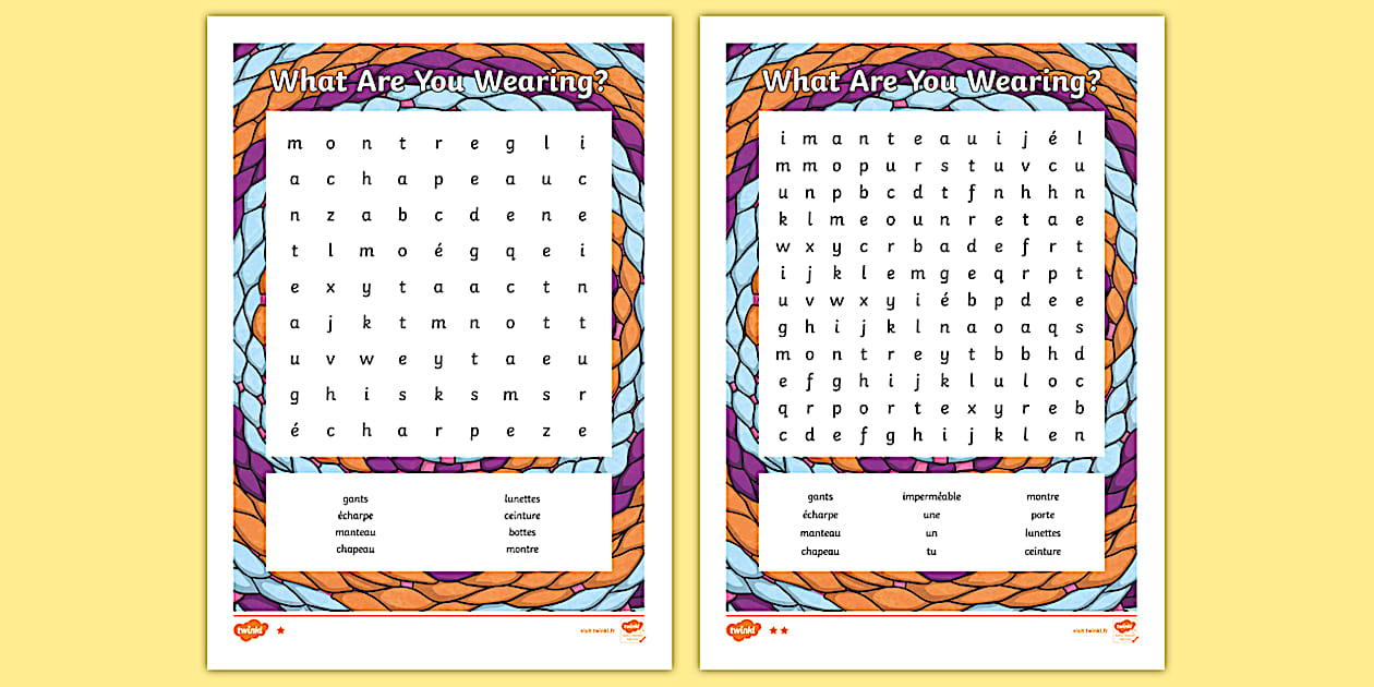 Les Vetements Word Search with Answers - French - Clothes