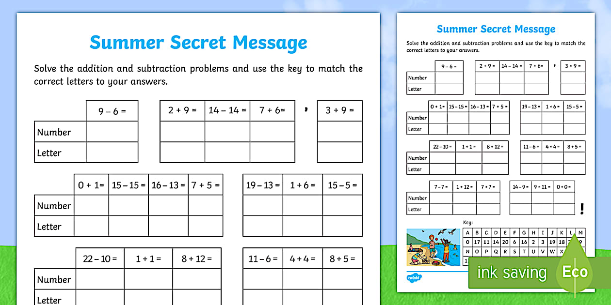 TAS Addition and Subtraction Summer Secret Message Worksheet