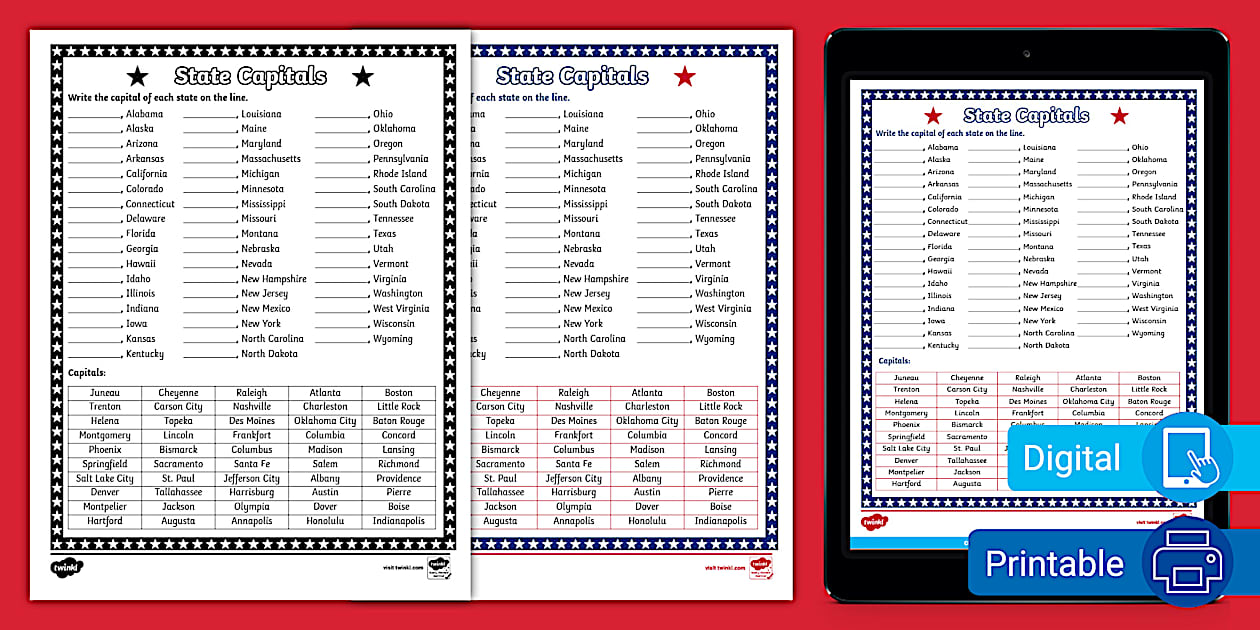 State Capital Match Worksheet for 3rd-5th Grade - Twinkl