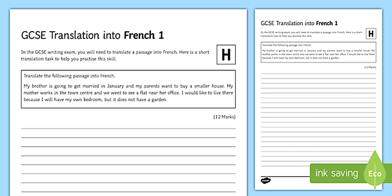 GCSE Translation into French 1 Higher Tier Worksheet / Worksheet
