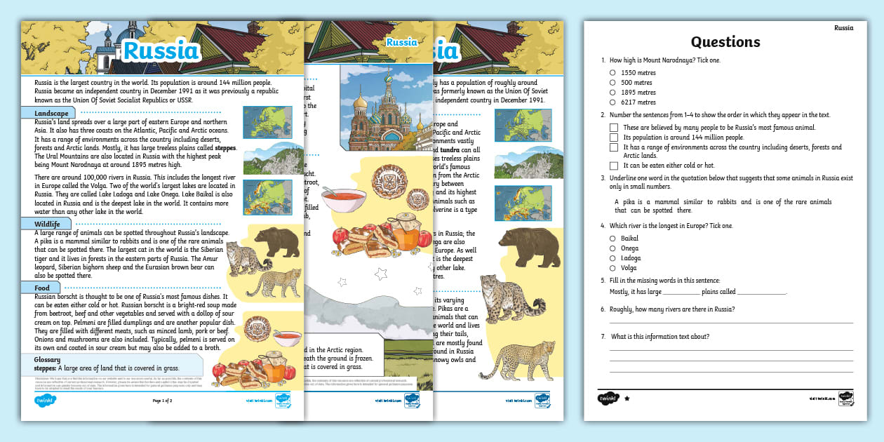 LKS2 Russia Differentiated Reading Comprehension Activity
