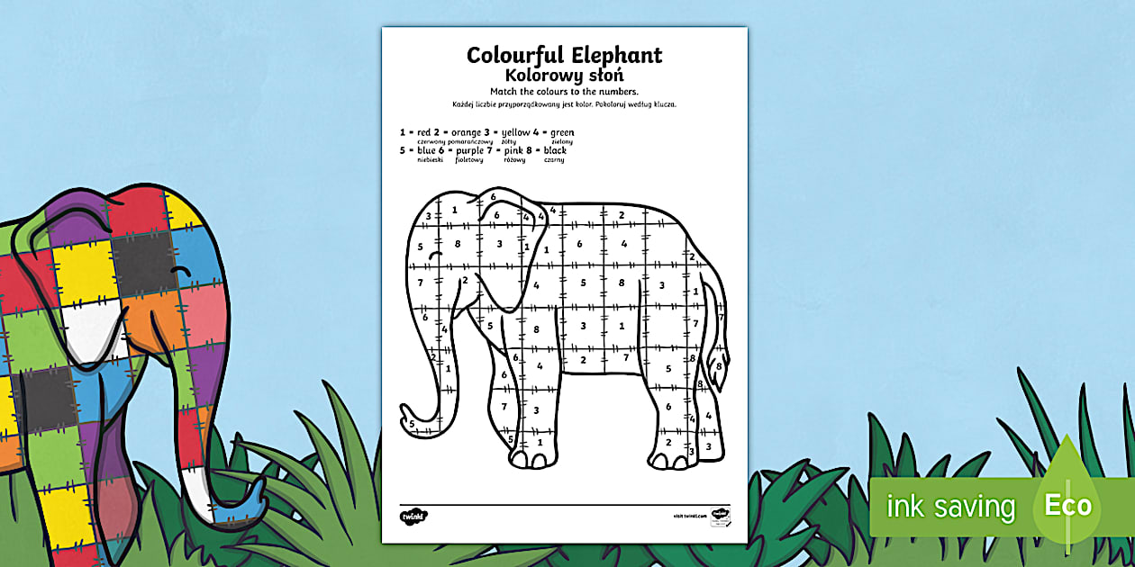 Elmer Colour by Number Sheet Polish Translation - Twinkl