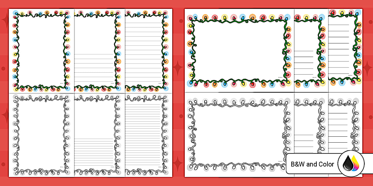 Blank and Lined Journal Writing Pages - Christmas Lights Border
