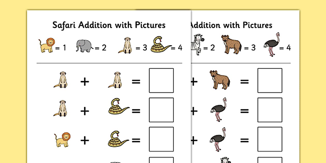 Black and White Safari Themed Addition with Pictures Worksheet Pack