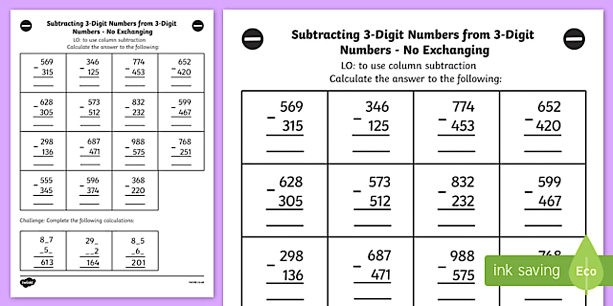 Editable Subtracting without Exchanging 3-Digit Numbers Worksheet