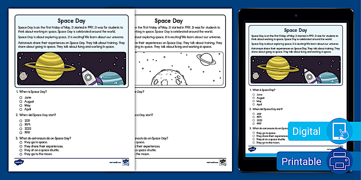 Kindergarten Space Day Reading Passage Comprehension