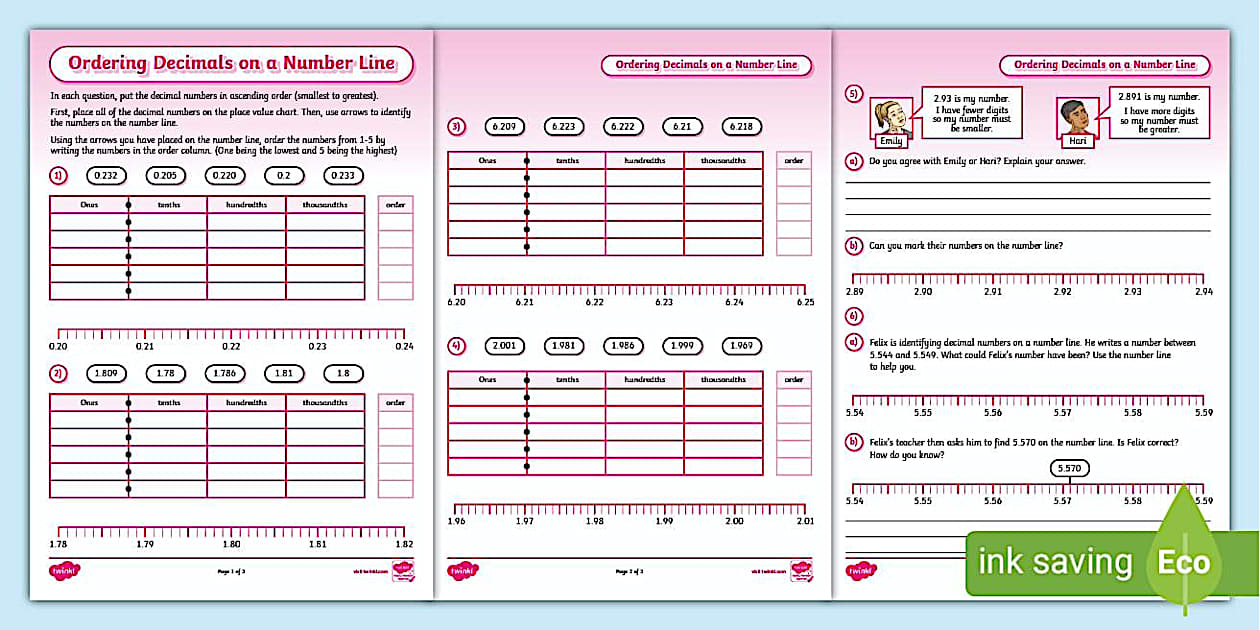 👉 Year 5 Ordering Decimals on a Number Line Activity Sheet