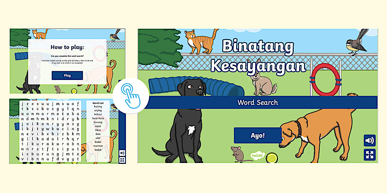 Pet Animals Interactive Word Search Indonesian Online Game