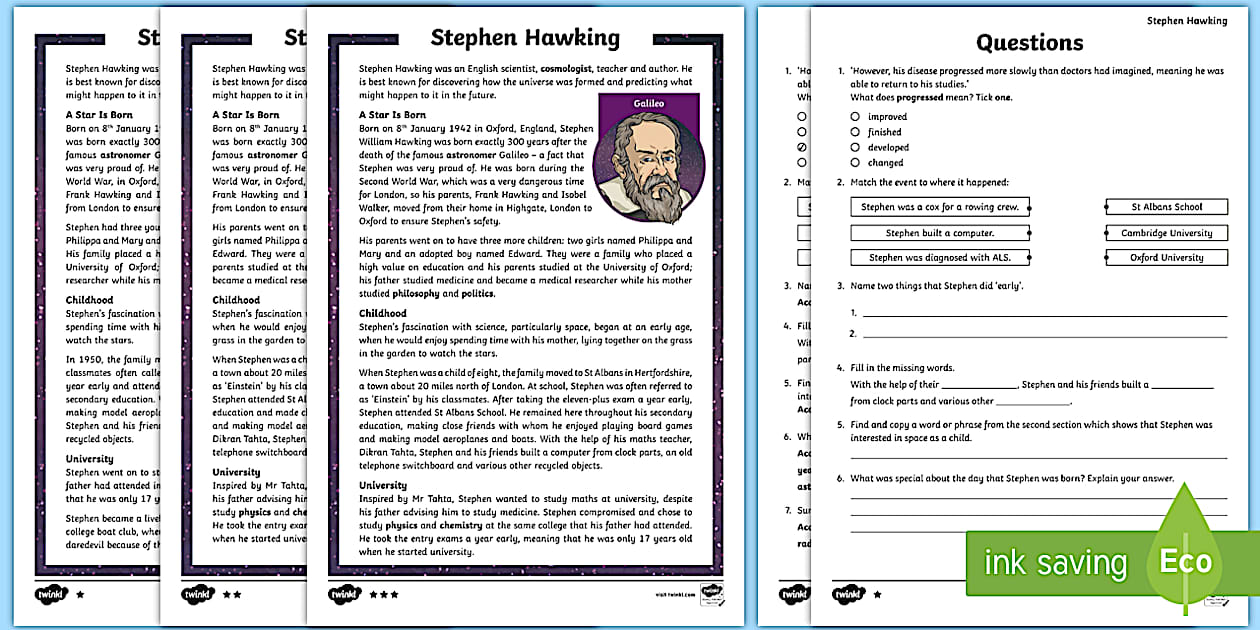 UKS2 Stephen Hawking Differentiated Reading Comprehension Activity