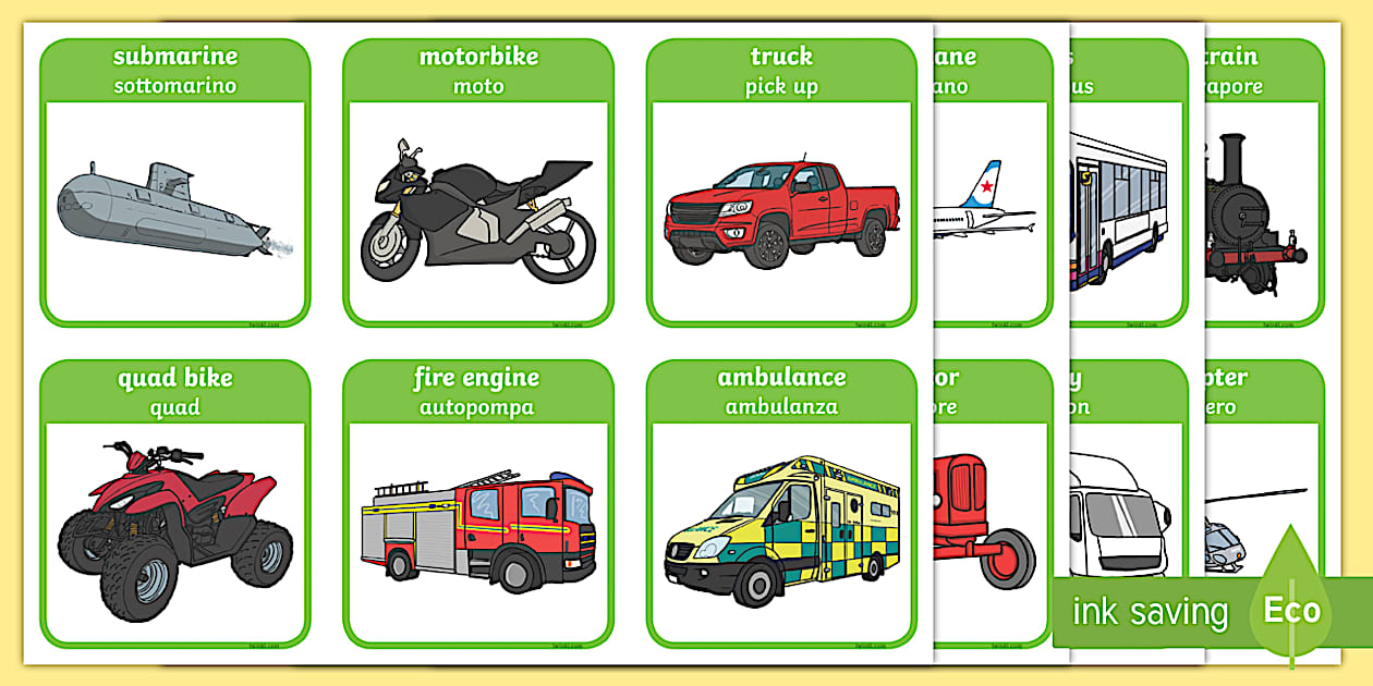 Editable Transport Flashcards English/Italian (teacher made)