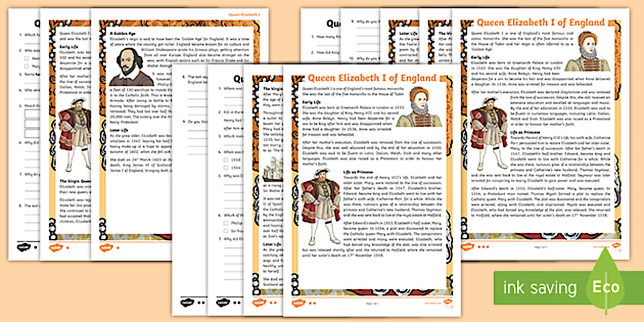 KS2 - Queen Elizabeth I - Elizabethan Times Comprehension