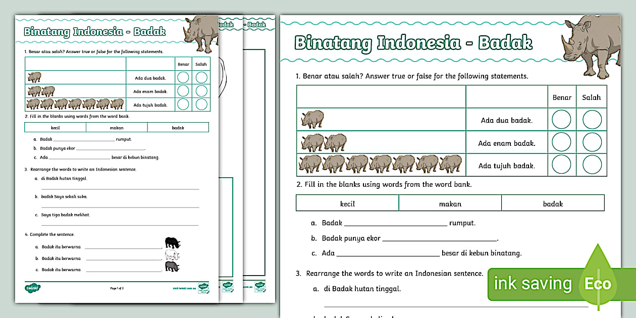 Indonesian Animals: Rhinoceroses Activity - Indonesian