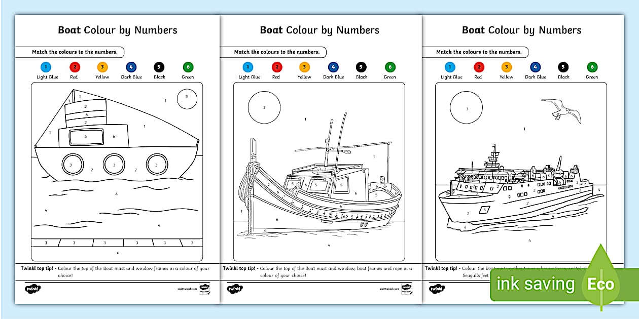 Boat Colour by Number Pages (teacher made) - Twinkl