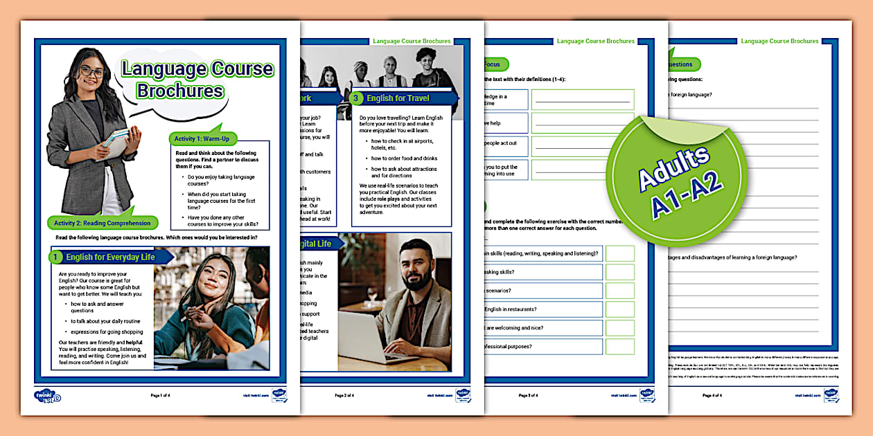 ESL Language Course Brochures Reading Comprehension [Adults, A1-A2]