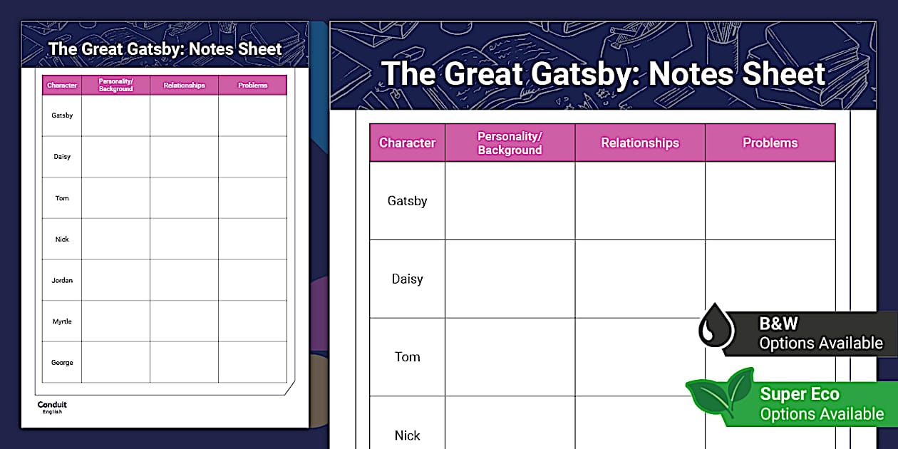 The Great Gatsby: Notes Sheet (teacher made) - Twinkl