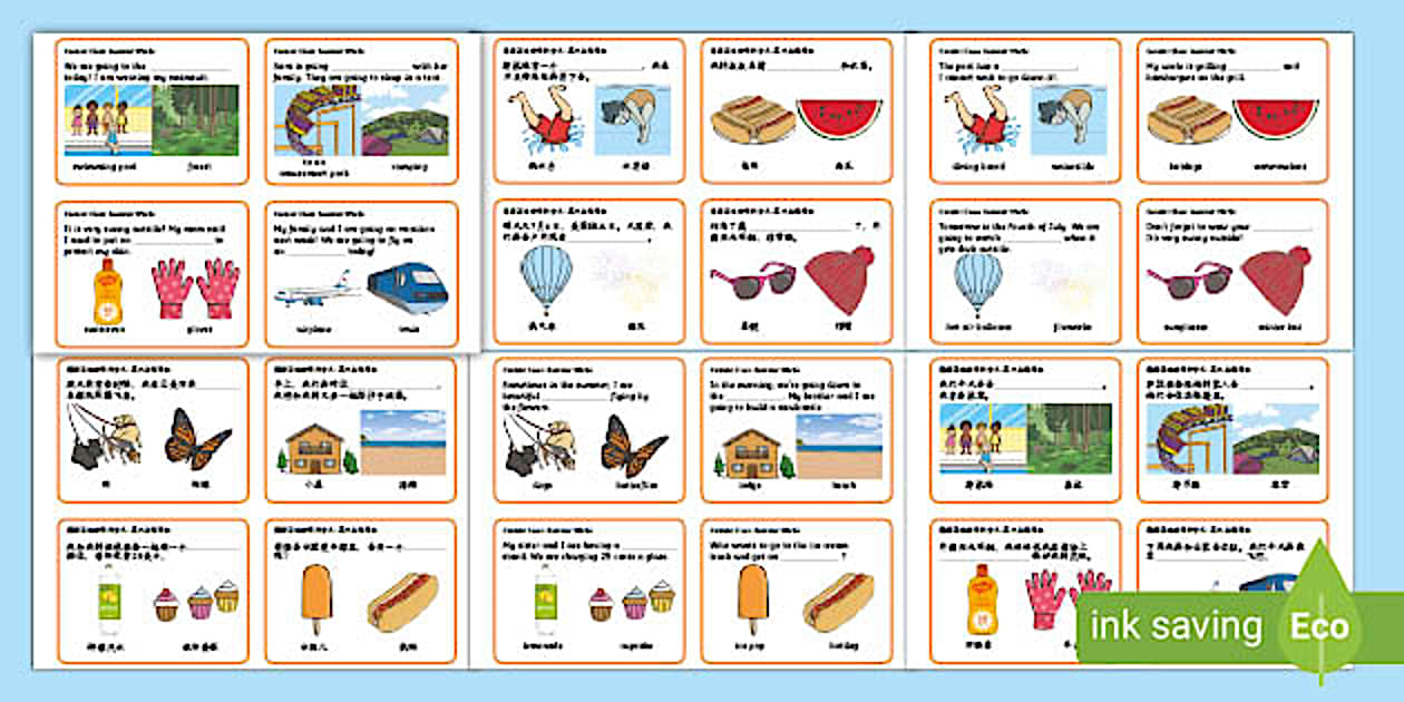 Context Clues: Summer Words Challenge Cards - English/Mandarin Chinese