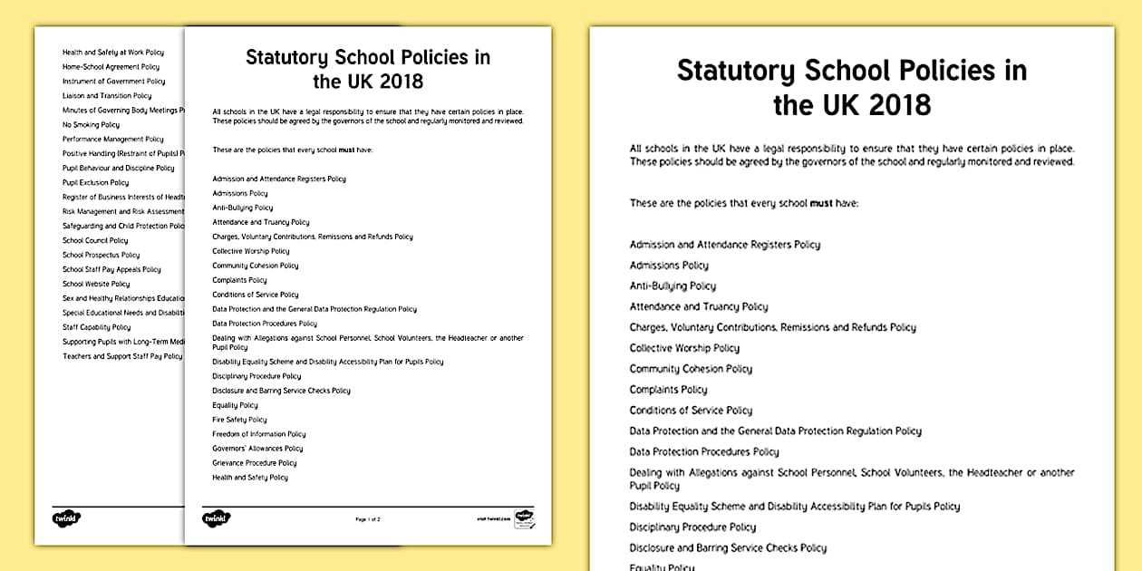 Editable List of Statutory Policies in Schools 2018 Adult Guidance
