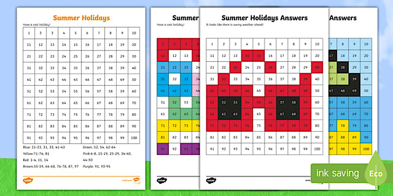 NSW Summer Holidays Colour by Number 100s Chart Worksheets