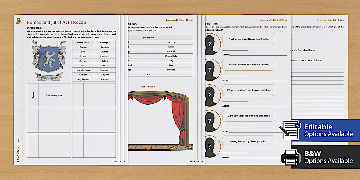 Romeo and Juliet Act 1 Worksheets | Beyond (teacher made)