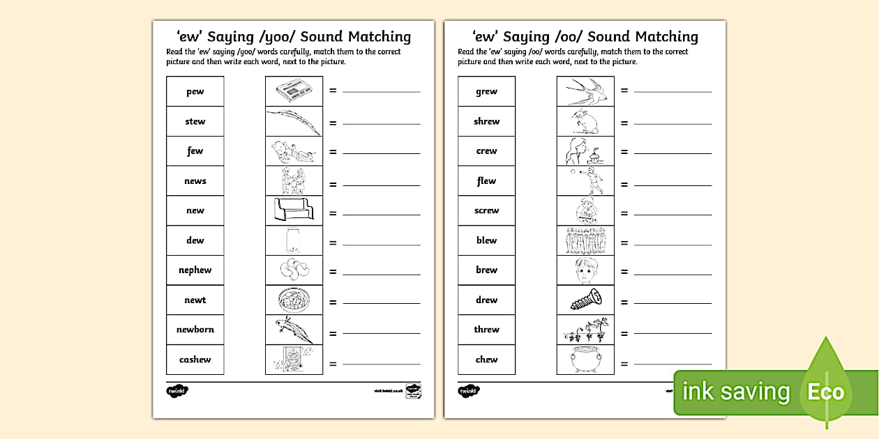 'ew' Sound Matching Activity Sheet (teacher made) - Twinkl