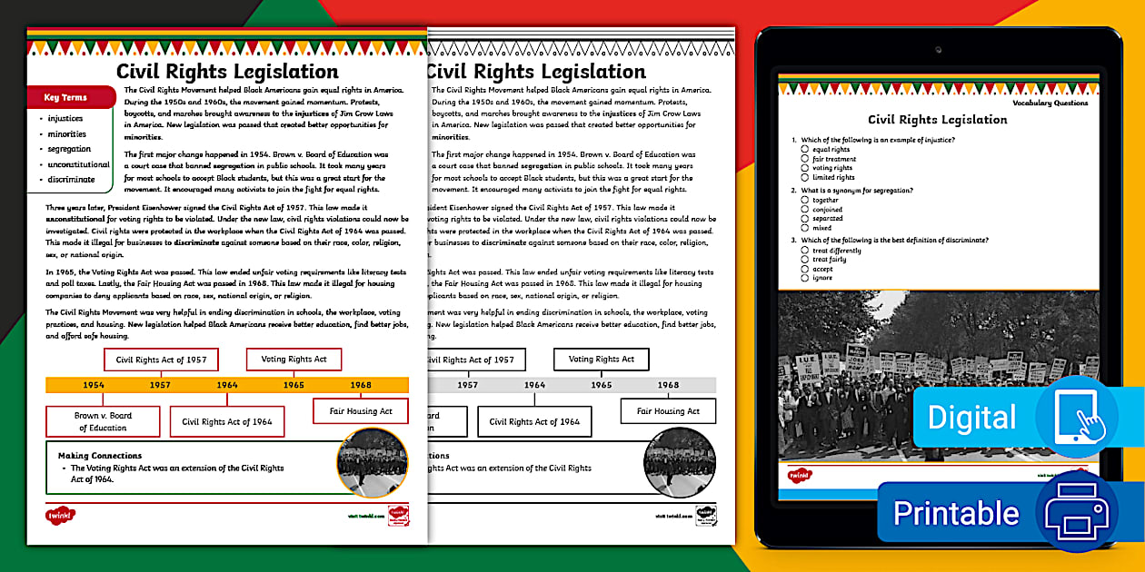 Seventh Grade Civil Rights Legislation Fact File and Vocabulary Questions