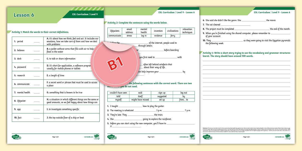 ESL Curriculum Level 9, Lesson 6 Activity Sheet - Twinkl