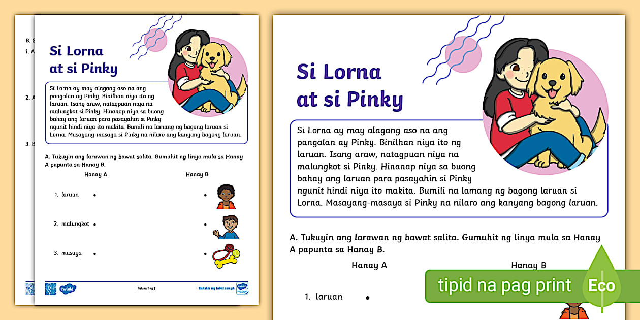 Pagbasa at Pag-unawa Worksheet (Si Lorna at si Pinky) | Twinkl