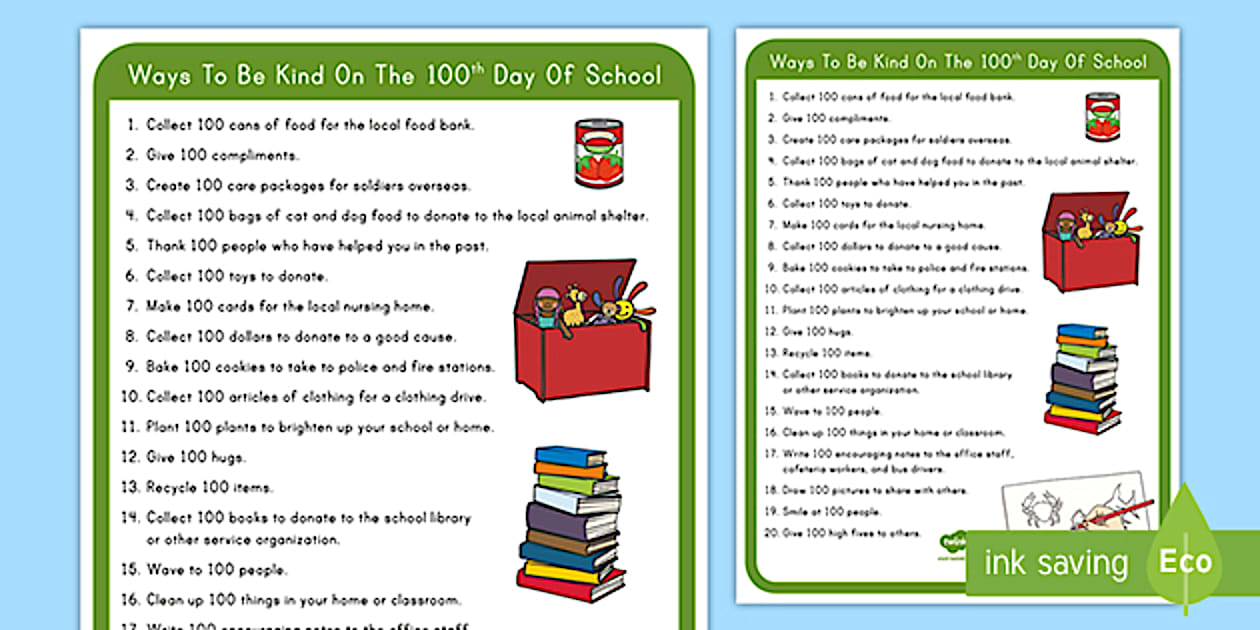 100th Day of School Kindness Checklist | Twinkl USA - Twinkl
