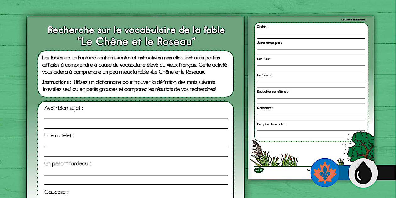 Le Chêne et le Roseau Vocabulary Search (teacher made)