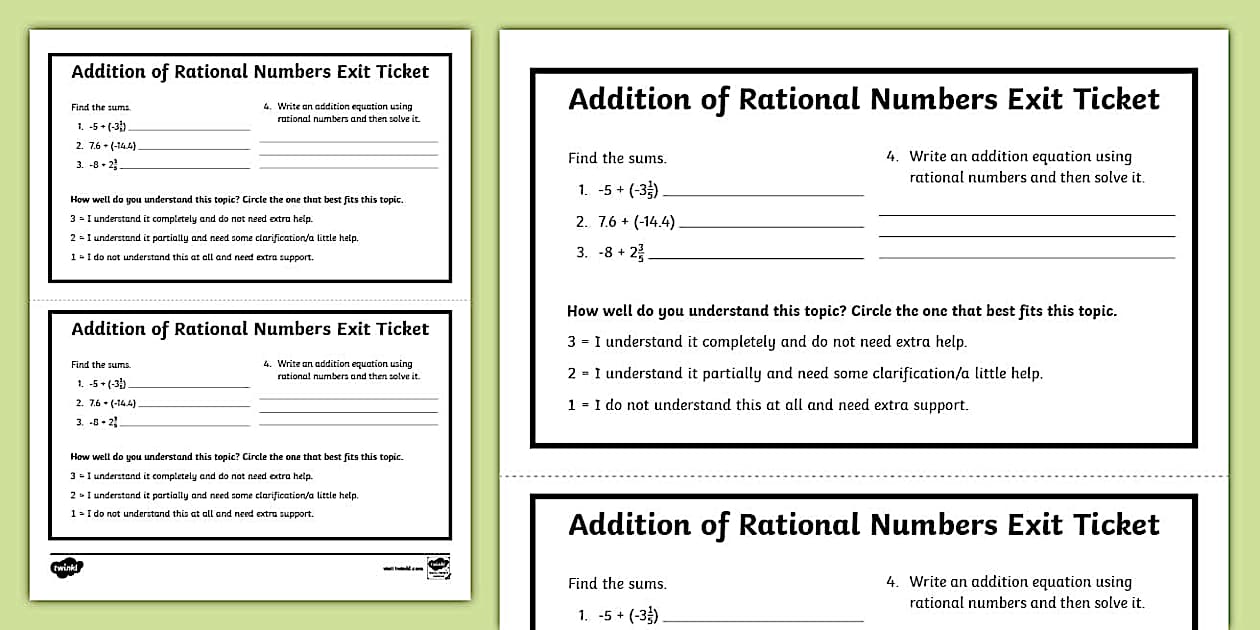 Seventh Grade Addition of Rational Numbers Exit Ticket