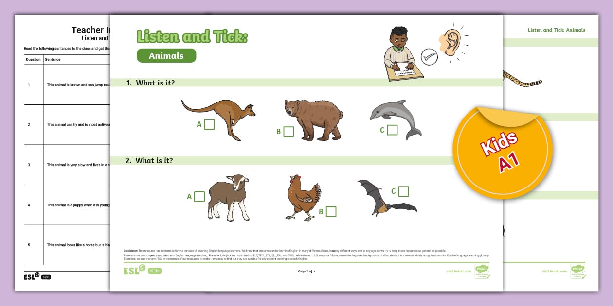 ESL Listen & Tick: Animals Activity (teacher made) - Twinkl