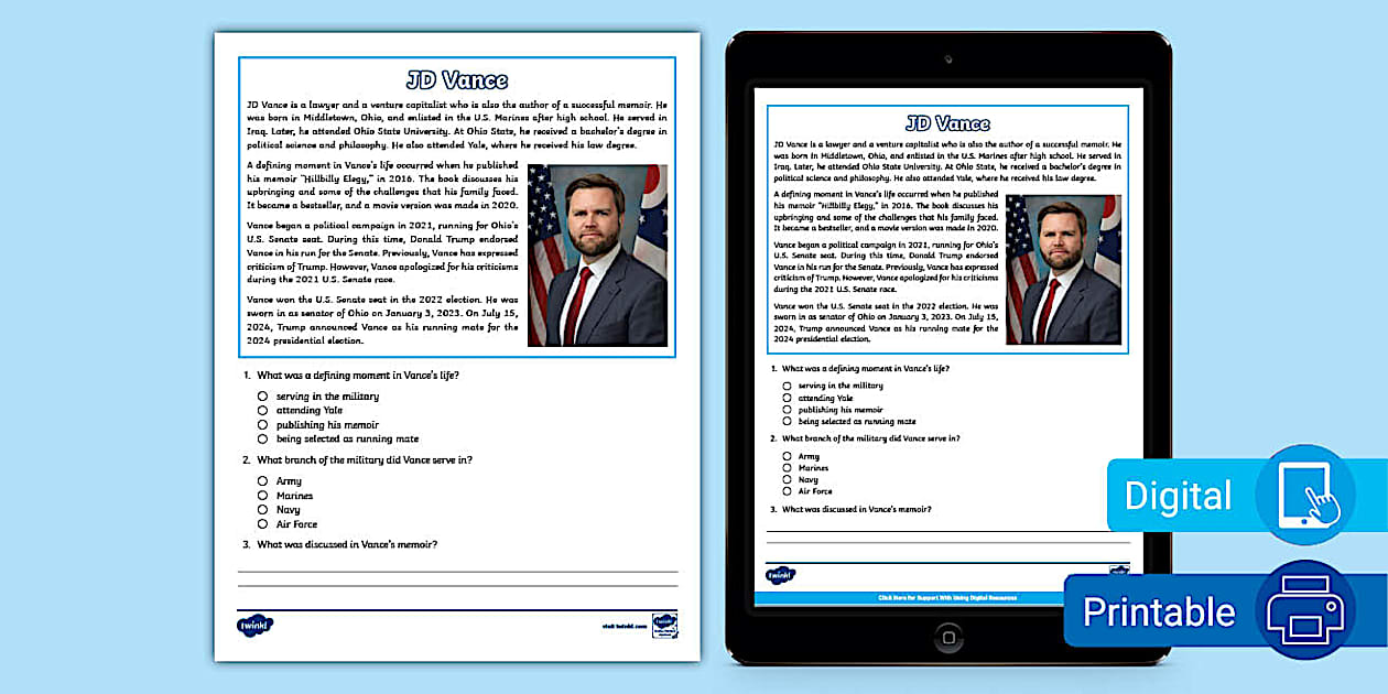 Fifth Grade JD Vance Reading Passage Comprehension - Twinkl