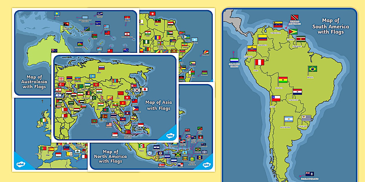 Maps of Continents with Flags Display Posters - Twinkl