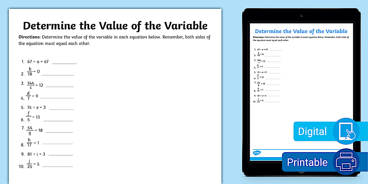 Third Grade Determine the Value of the Variable Division Worksheet