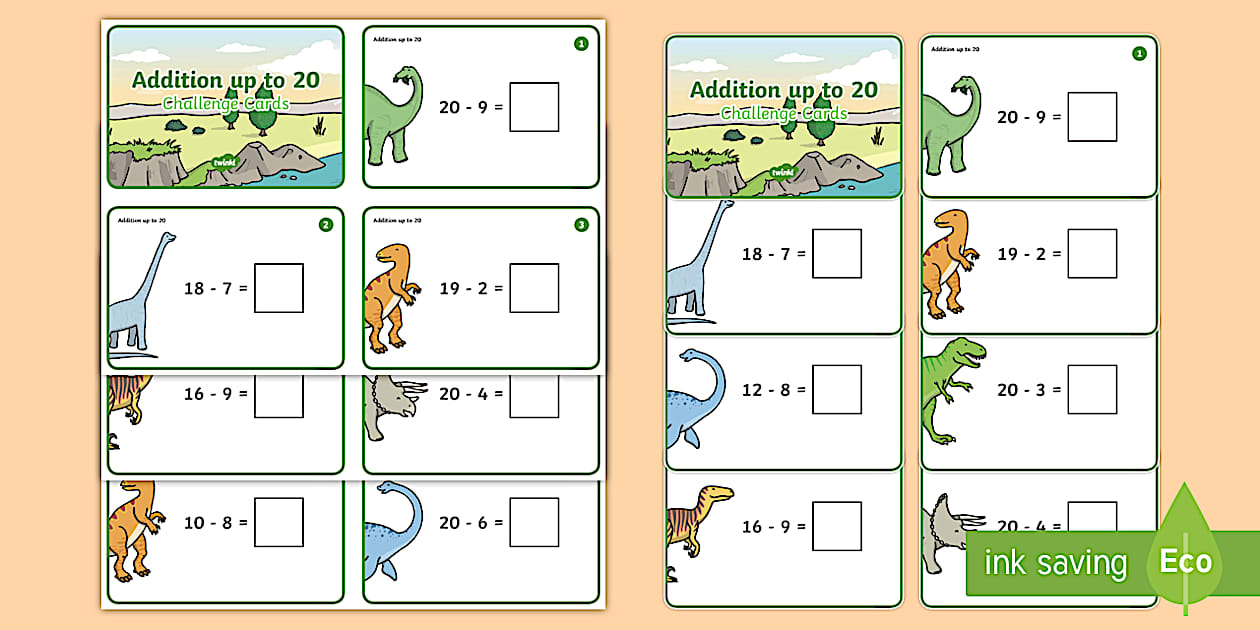 Dinosaur Themed Subtraction within 20 Challenge Cards - Subtraction Up ...